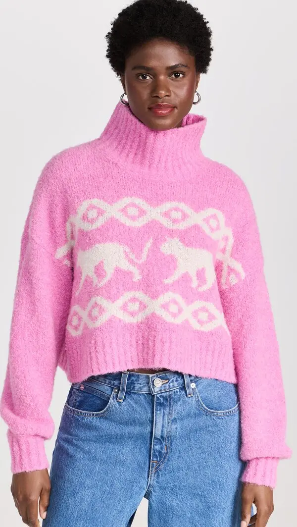Kitri Yara Cropped Rollneck Boucle Knit Sweater In Pink Animal